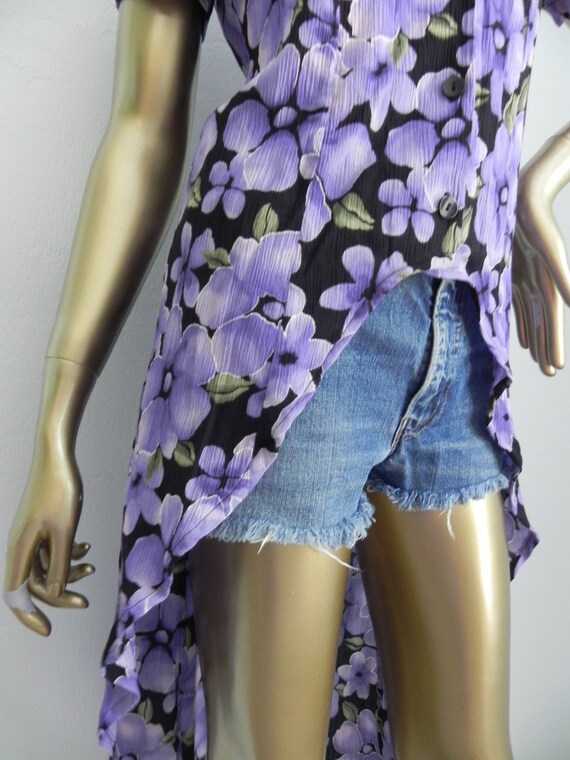 vintage purple floral duster \ fishtail top \ vibrant… - Gem