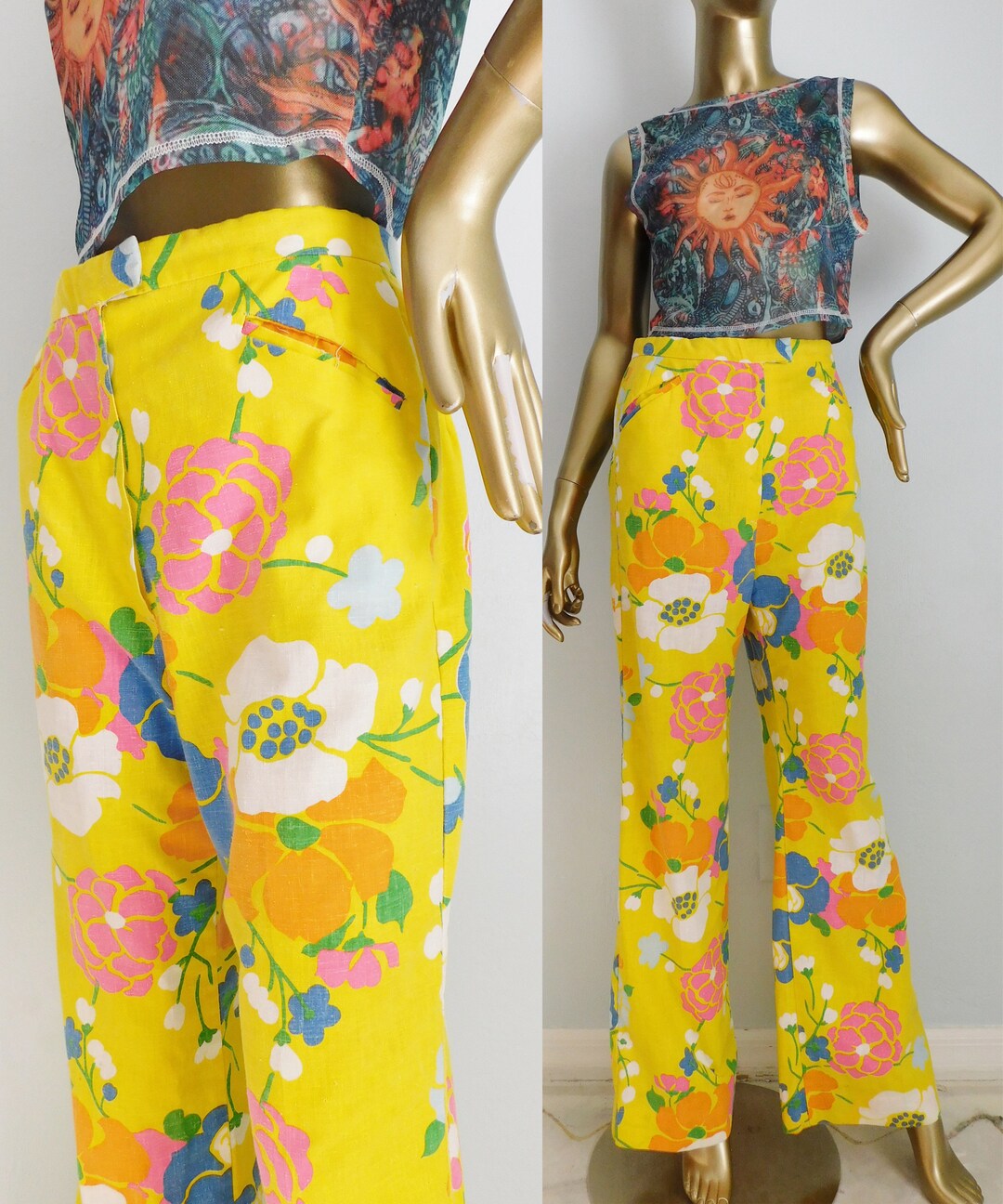 Vintage Yellow Floral Trousers \ Mod 70s Hippie Golf Pants \ Ladies ...