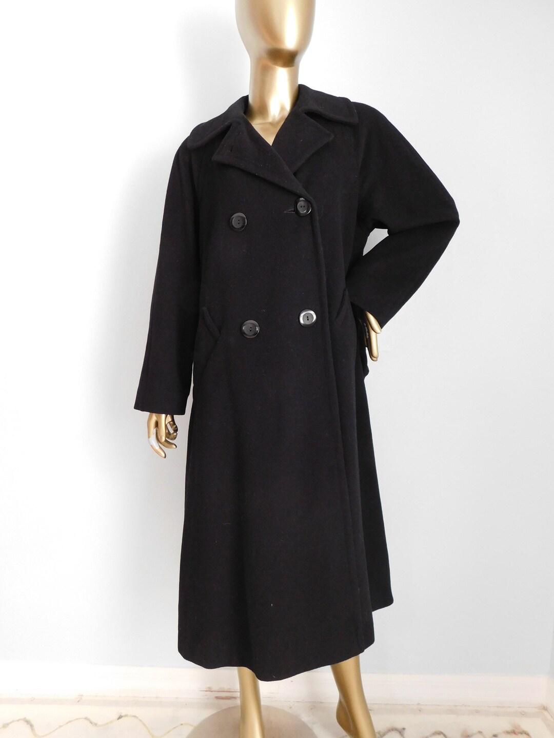 Vintage Black Heavy Overcoat \ Long Wool Coat \ Double Breasted Winter ...
