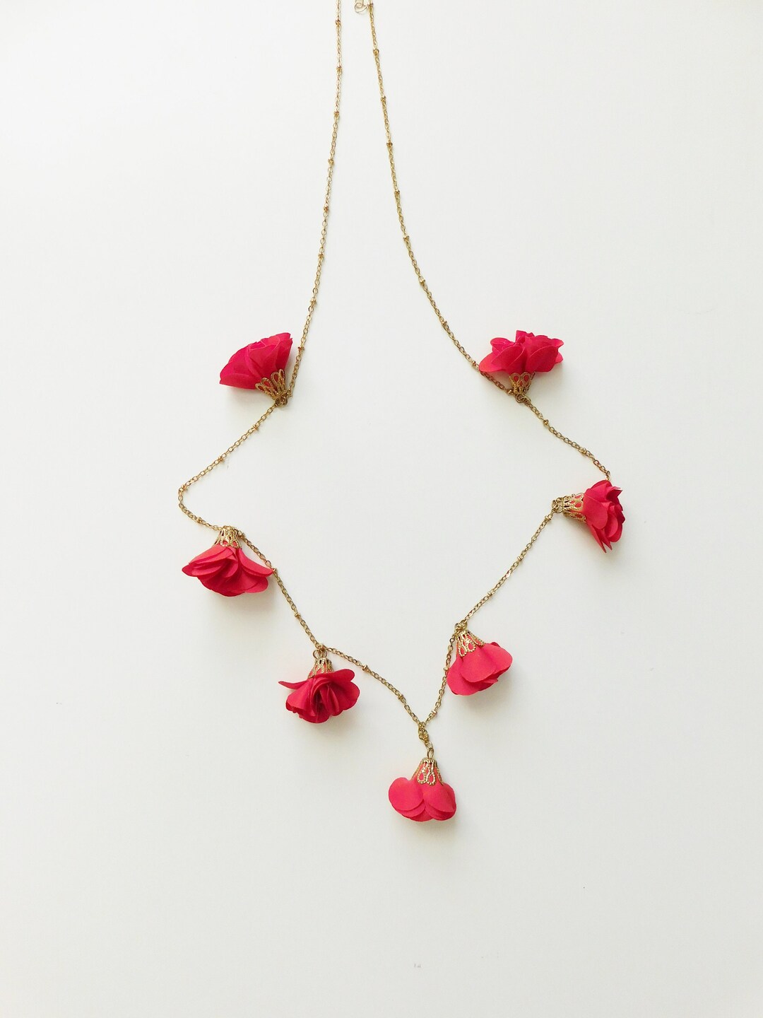 Vintage Red Silk Flower Necklace \ Long Gold Chain With Flowers ...