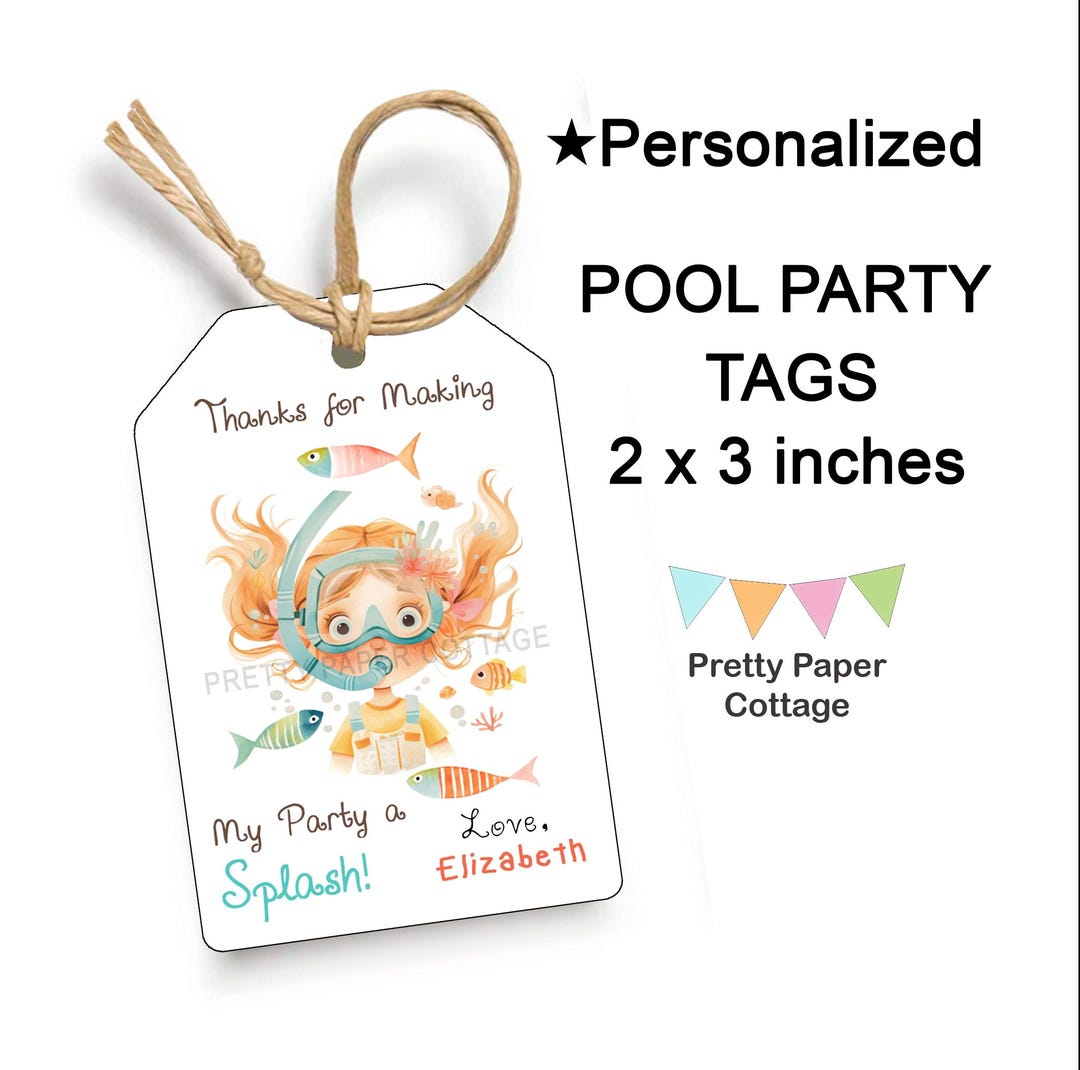 Pool Party Personalized Party Favor Tags, Girl Scuba Diver, Colorful ...