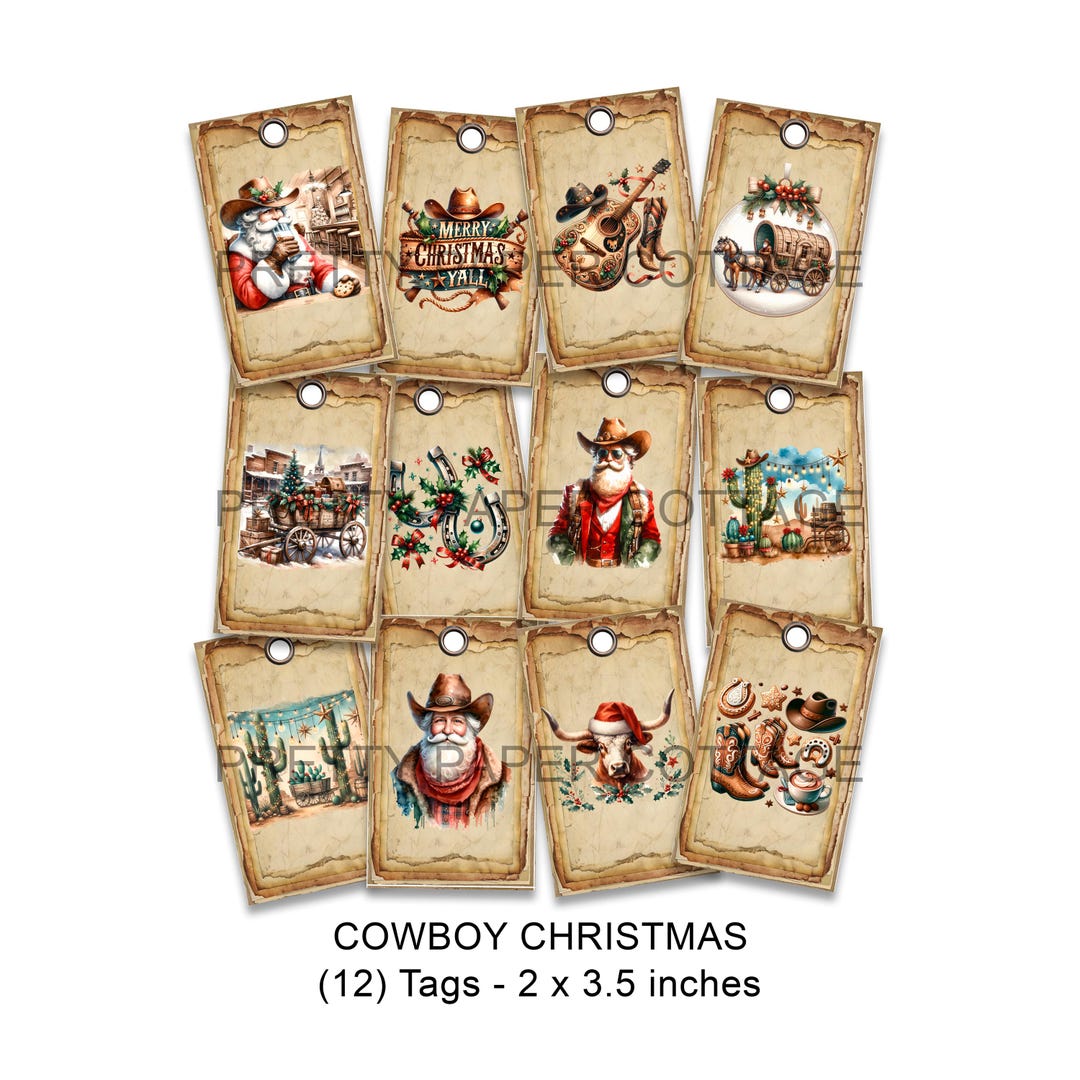 Cowboy Christmas, Gift Tags, Santa, Vintage Style, Western Theme ...