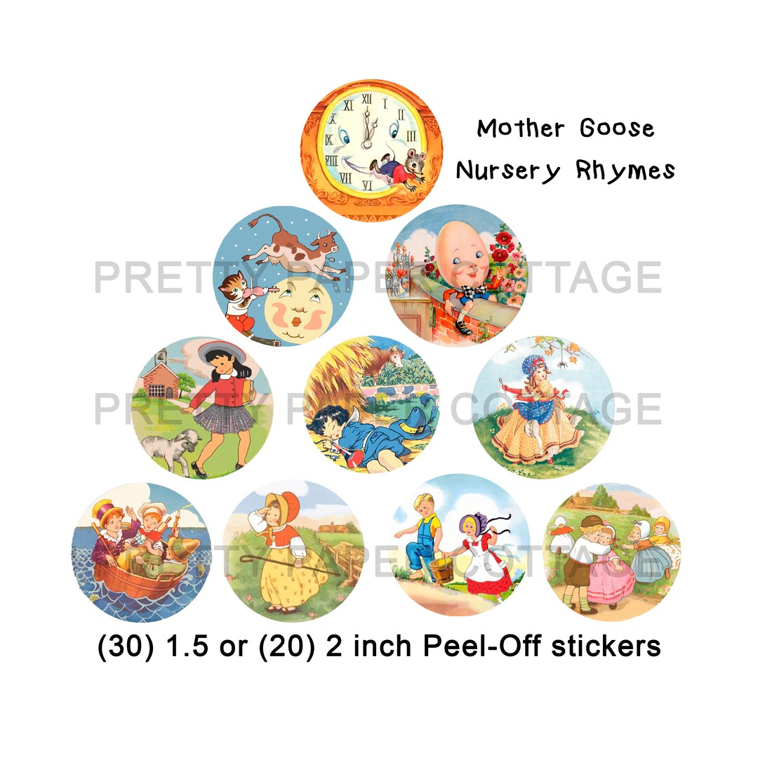 Nursery Rhyme Stickers, Mother Goose, Storybook Theme, Baby Shower ...