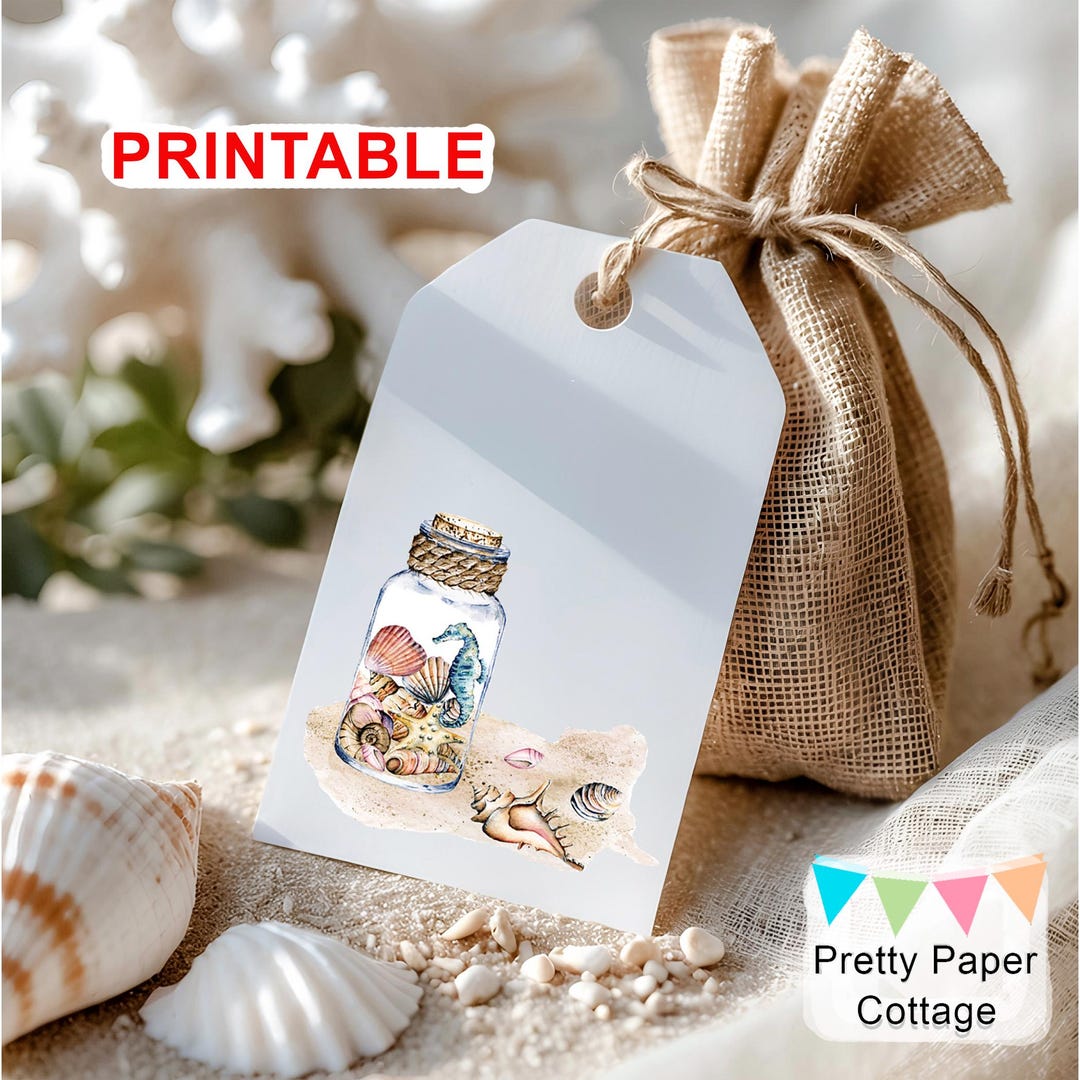 Seashells in a Jar Gift Tags: Beach Theme, 2x3 Inch (JPG Digital ...