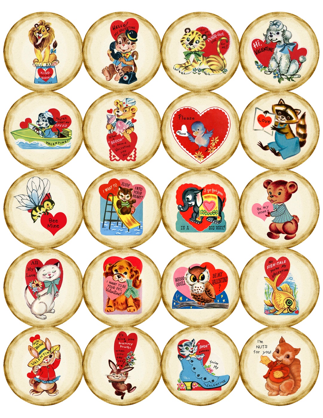 Vintage Retro Animal Valentine Stickers, Candy Stickers, Favor Bags ...