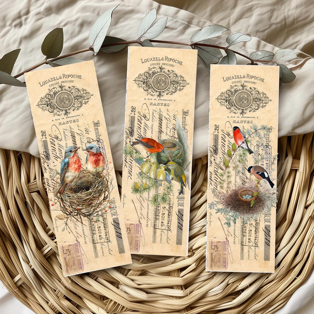 Printable, Vintage French Check Bookmarks: Birds & Nests, Set of 5 (2x6 ...