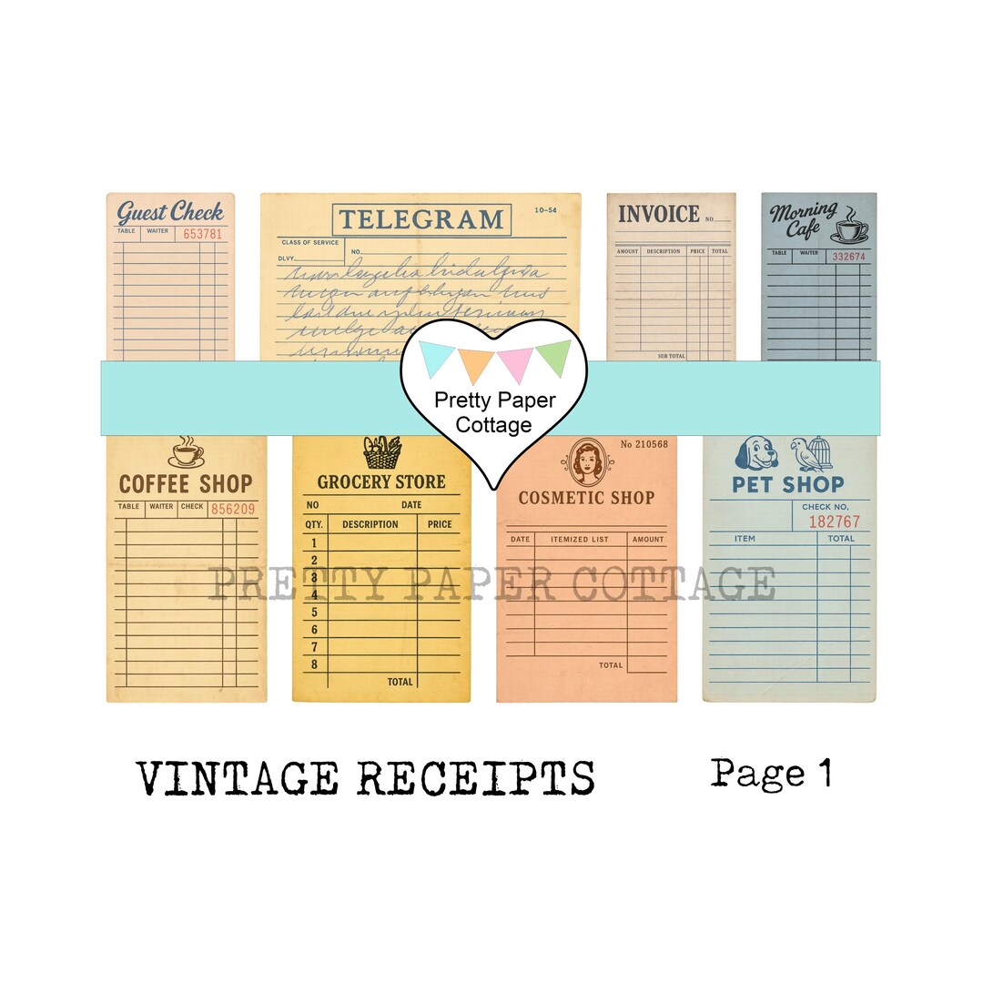 Vintage Receipts Bundle: Crafts, Junk Journals, Ephemera, 3 Pages ...