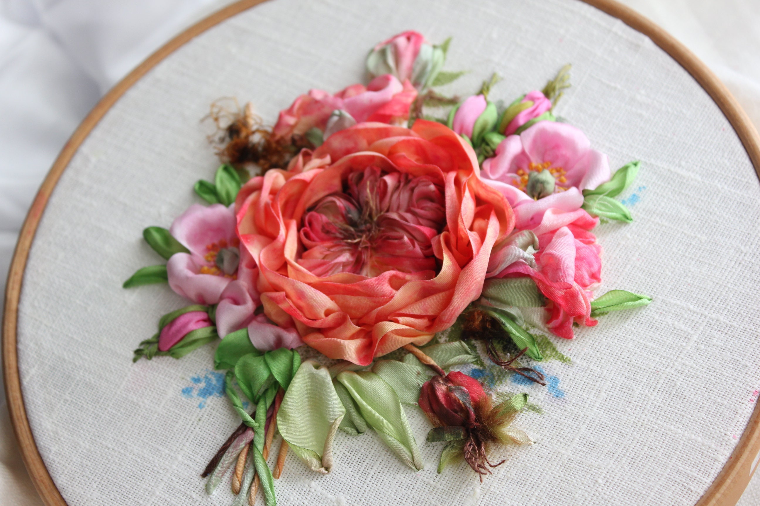 FRAMED Coral Old English Rose and Pink Dog Roses Picture, Silk Ribbon ...