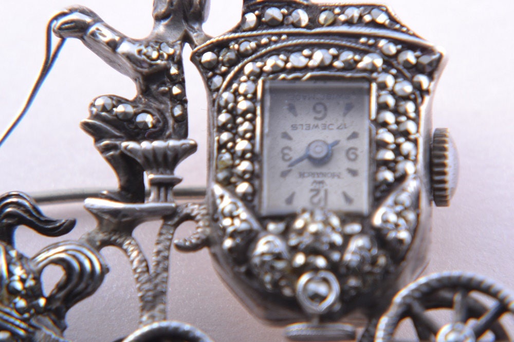 Silver 1950's Horse and Carriage Monarch Brooch / Watch With Marcasite ...