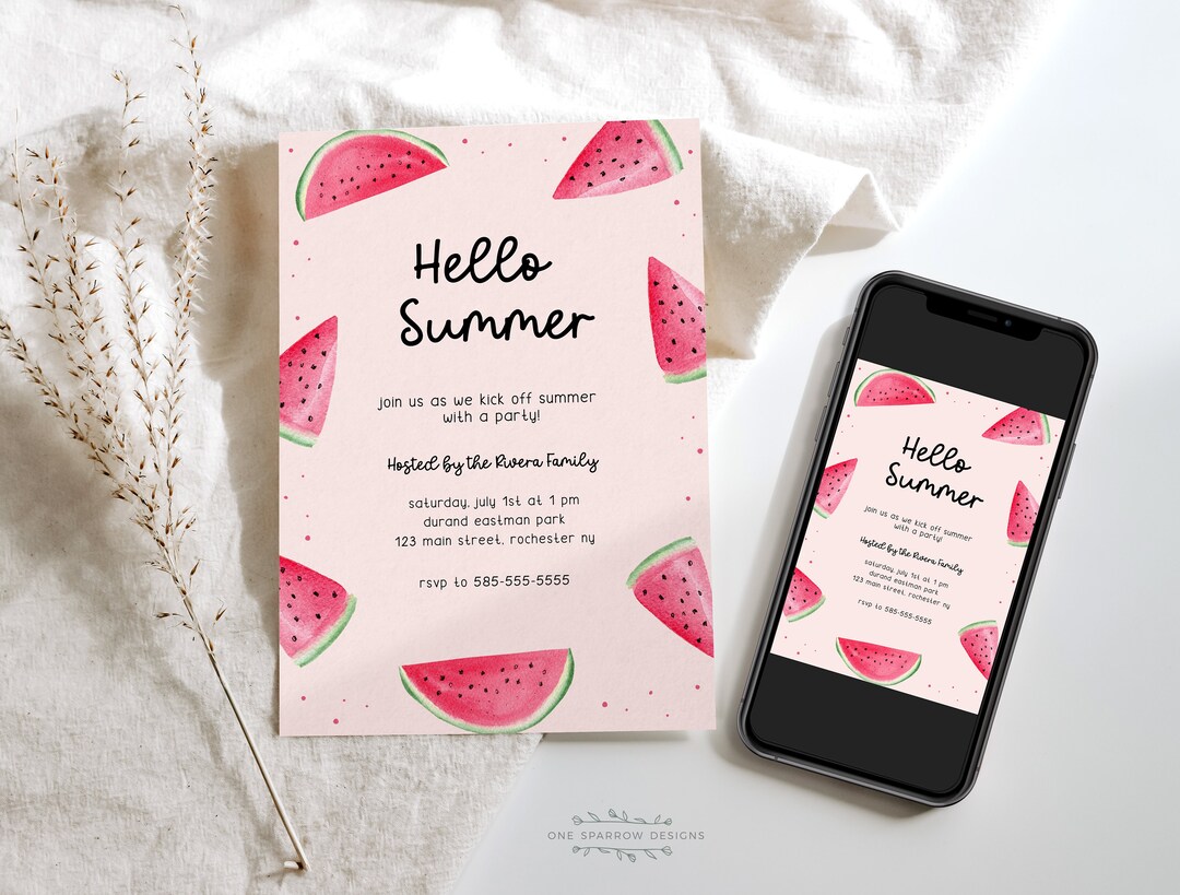Hello Summer Editable Party Invitation Watermelon Printable Template ...