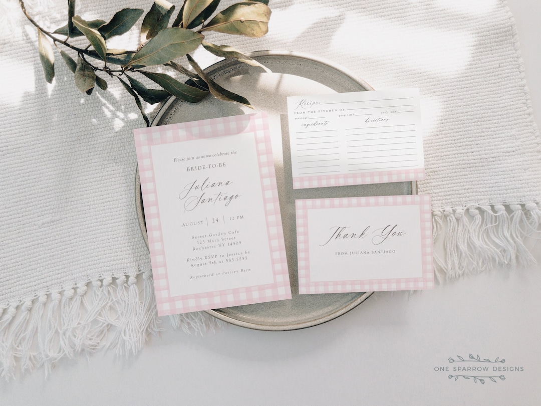 Pink Gingham Watercolor Bridal Shower Invite Suite, Recipe Card, Thank ...