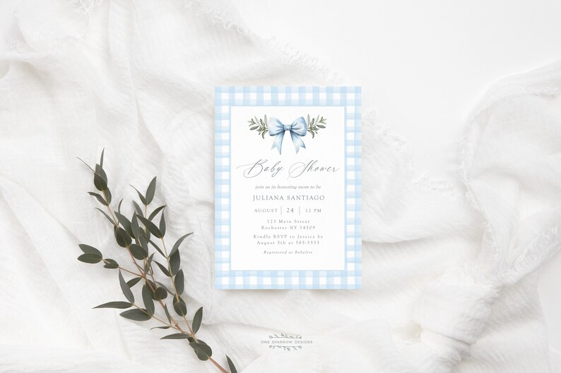 Blue Gingham Baby Shower Invite, Blue Bow, Plaid, Editable Printable ...
