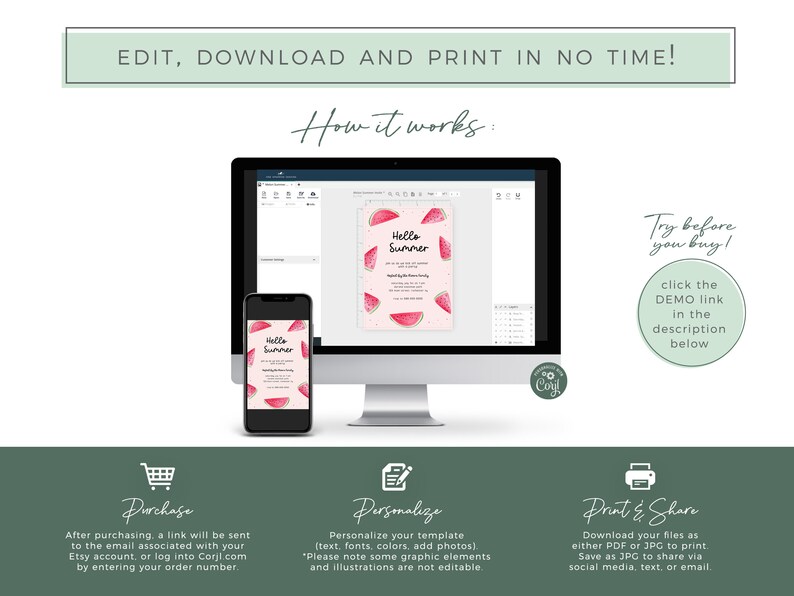 Hello Summer Editable Party Invitation Watermelon Printable Template ...