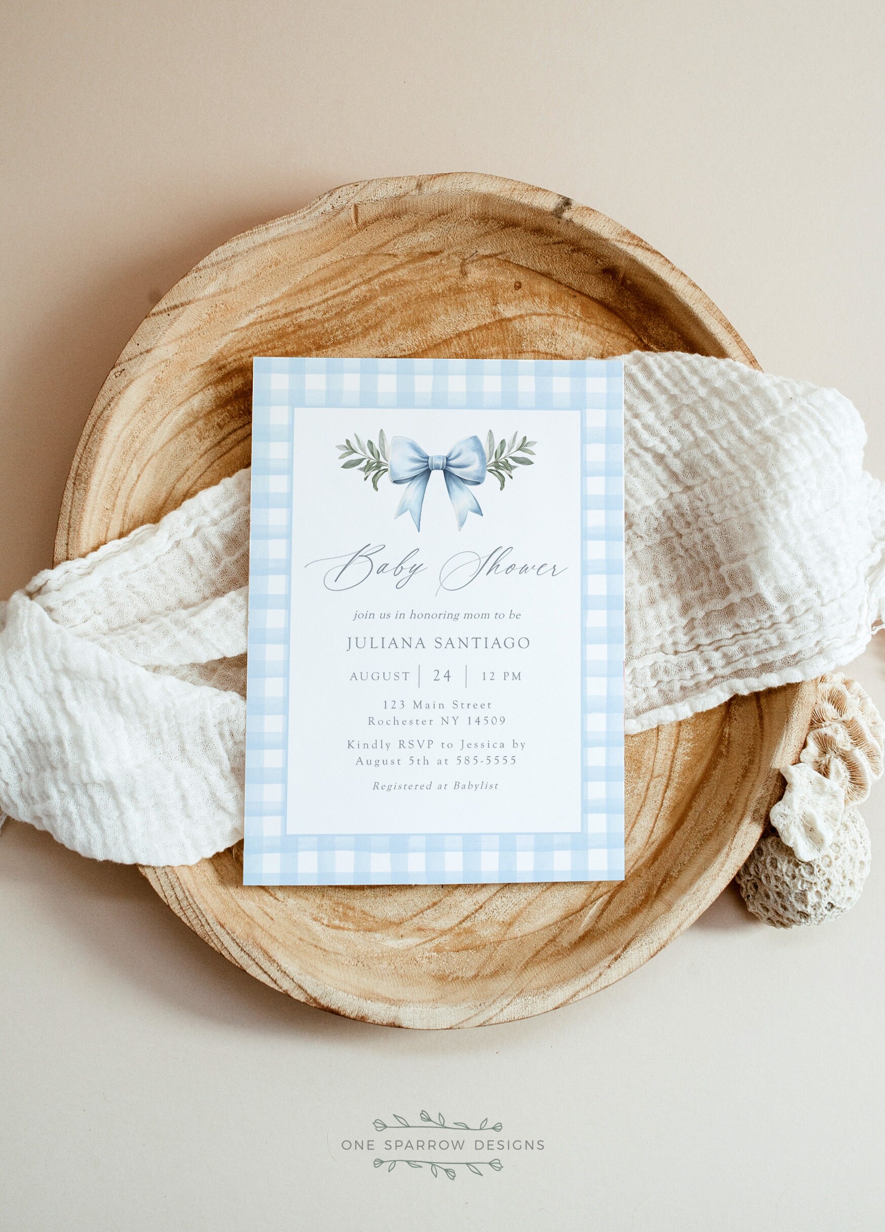 Blue Gingham Baby Shower Invite, Blue Bow, Plaid, Editable Printable ...
