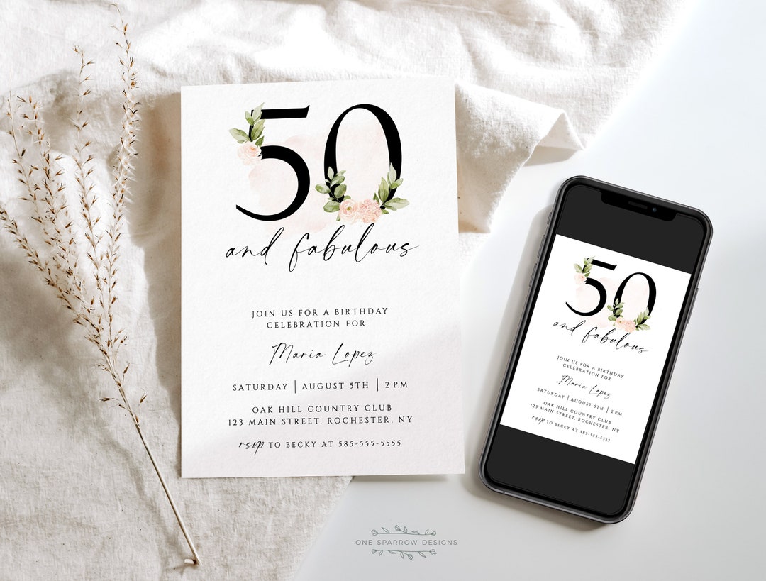 Editable Fifty and Fabulous Printable Birthday Invite, Simple Beautiful ...