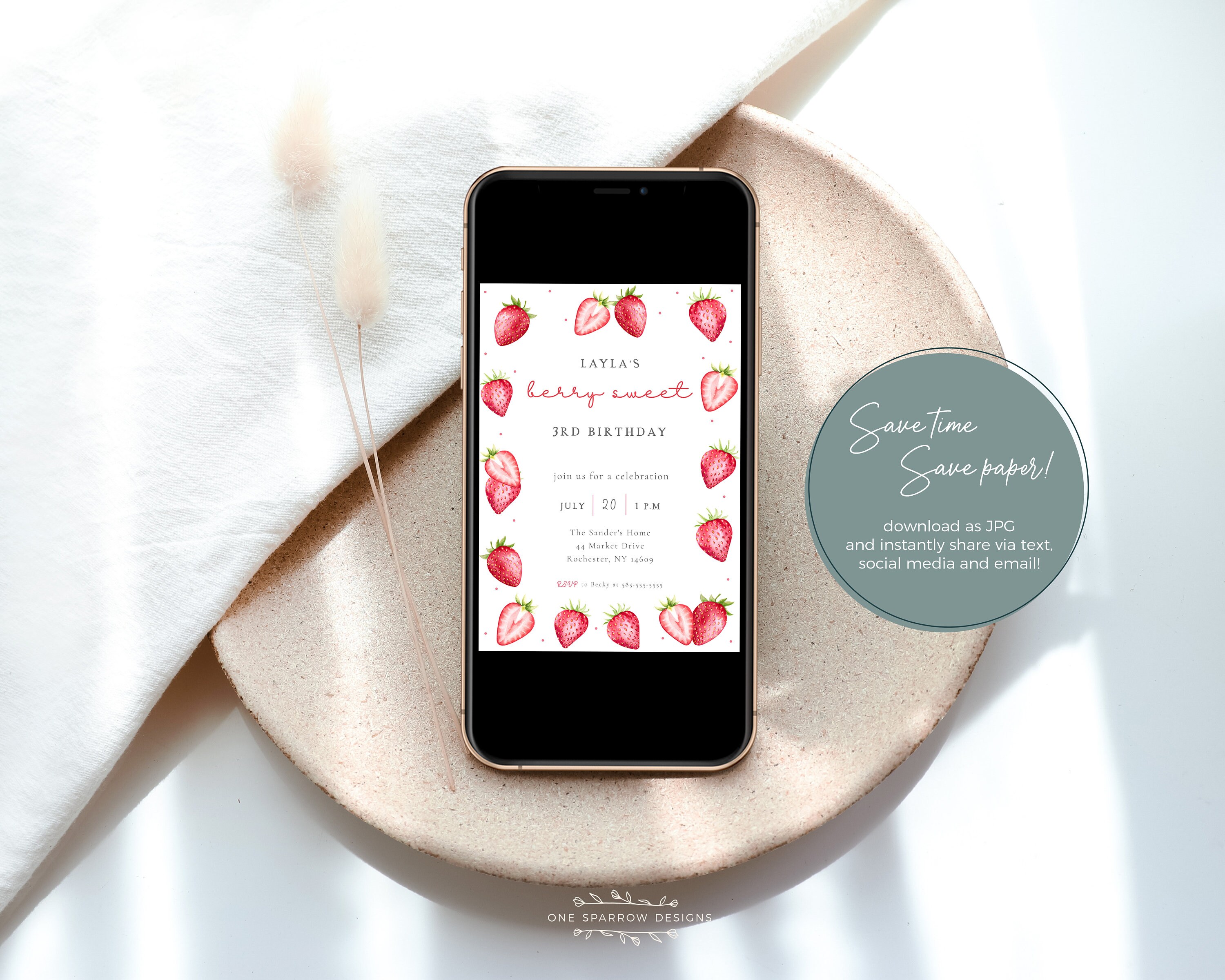 Editable Berry Sweet Birthday Party Invitation Strawberry Printable Red ...