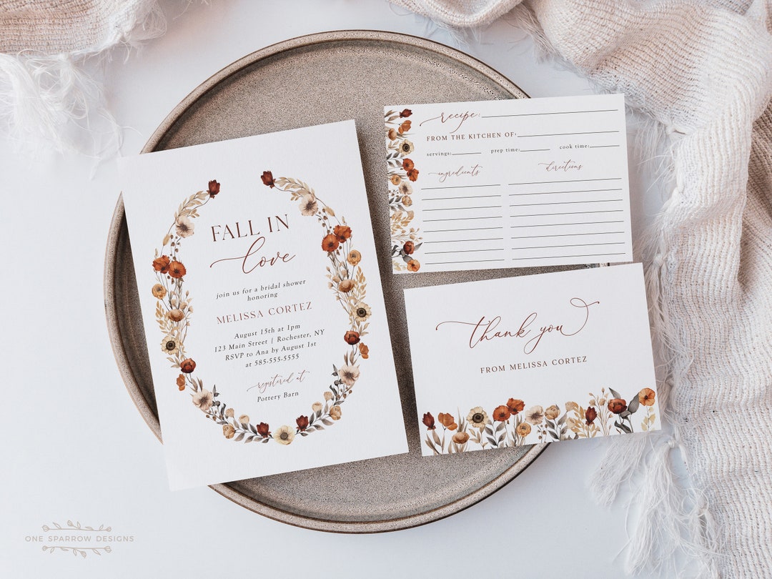 Fall Wreath Bridal Shower Invitation Suite, Recipe Card, Flat Thank You ...
