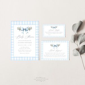 Blue Gingham Baby Shower Invite, Blue Bow, Plaid, Editable Printable ...