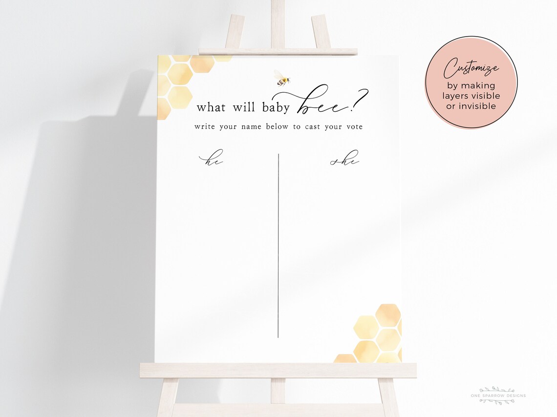 Honey Bee Vote Board Gender Reveal, He or She, Baby, Editable Printable ...