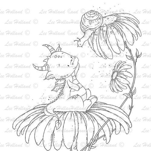 Digital Stamp Dragon With Flower Card Making Art Printable | Etsy