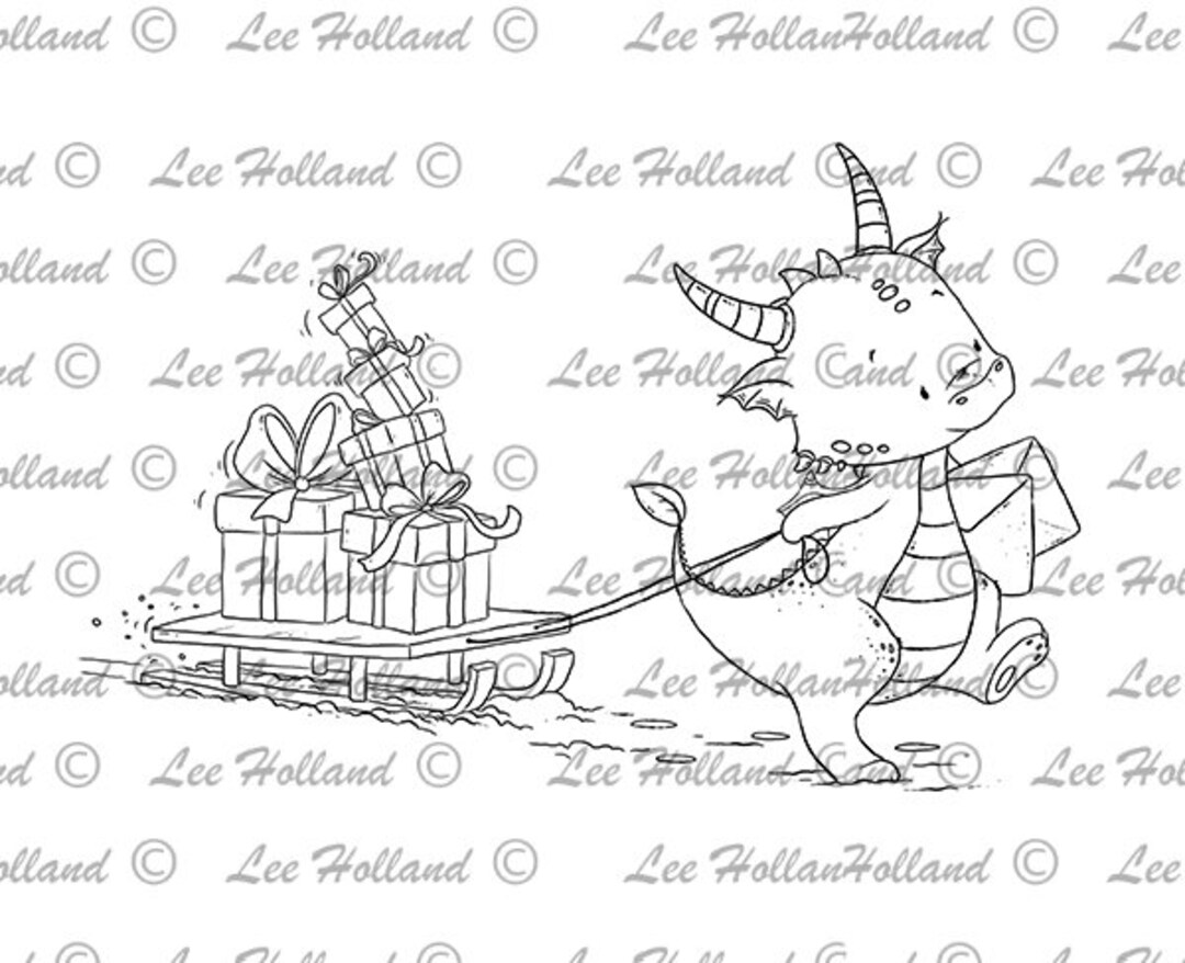 Digital Stamp, Dragon Pulling Sledge With Presents, Card Making, Digi ...