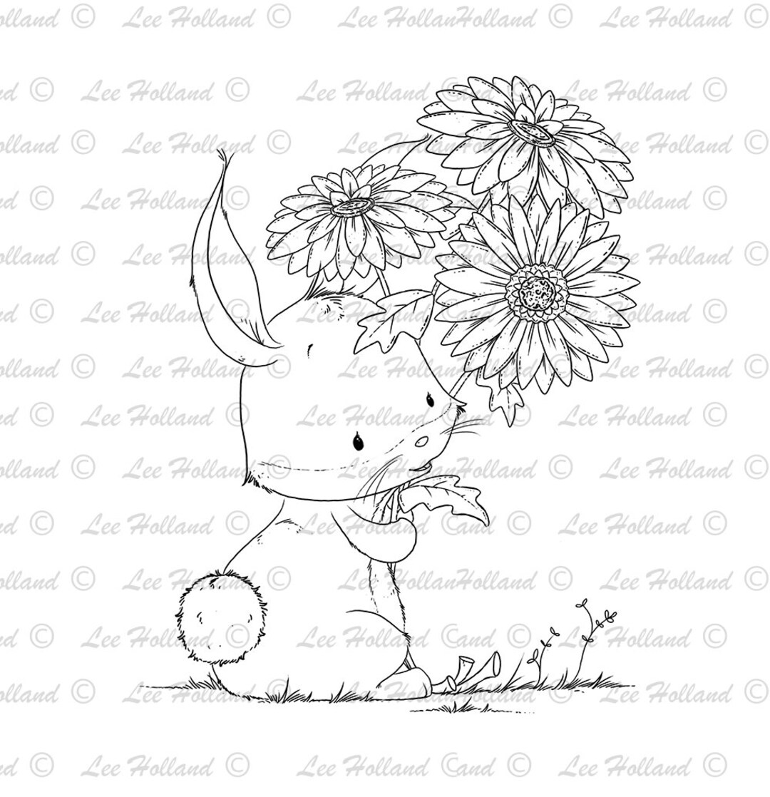 Bunny With Flowers, Card Making, Digital Stamp, Digi, Crafting, Bunny ...