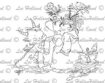 Flower Dragon With Butterflies Digital Stamp Card Making | Etsy