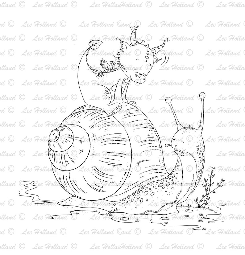 Dragon Sitting on Snail, Card Making, Digital Stamp, Digi, Cute, Stamp ...
