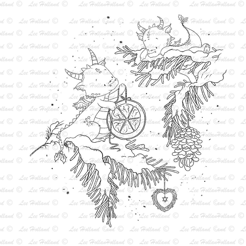 Digital Stamp Dragons Decorating the Christmas Tree Digi | Etsy