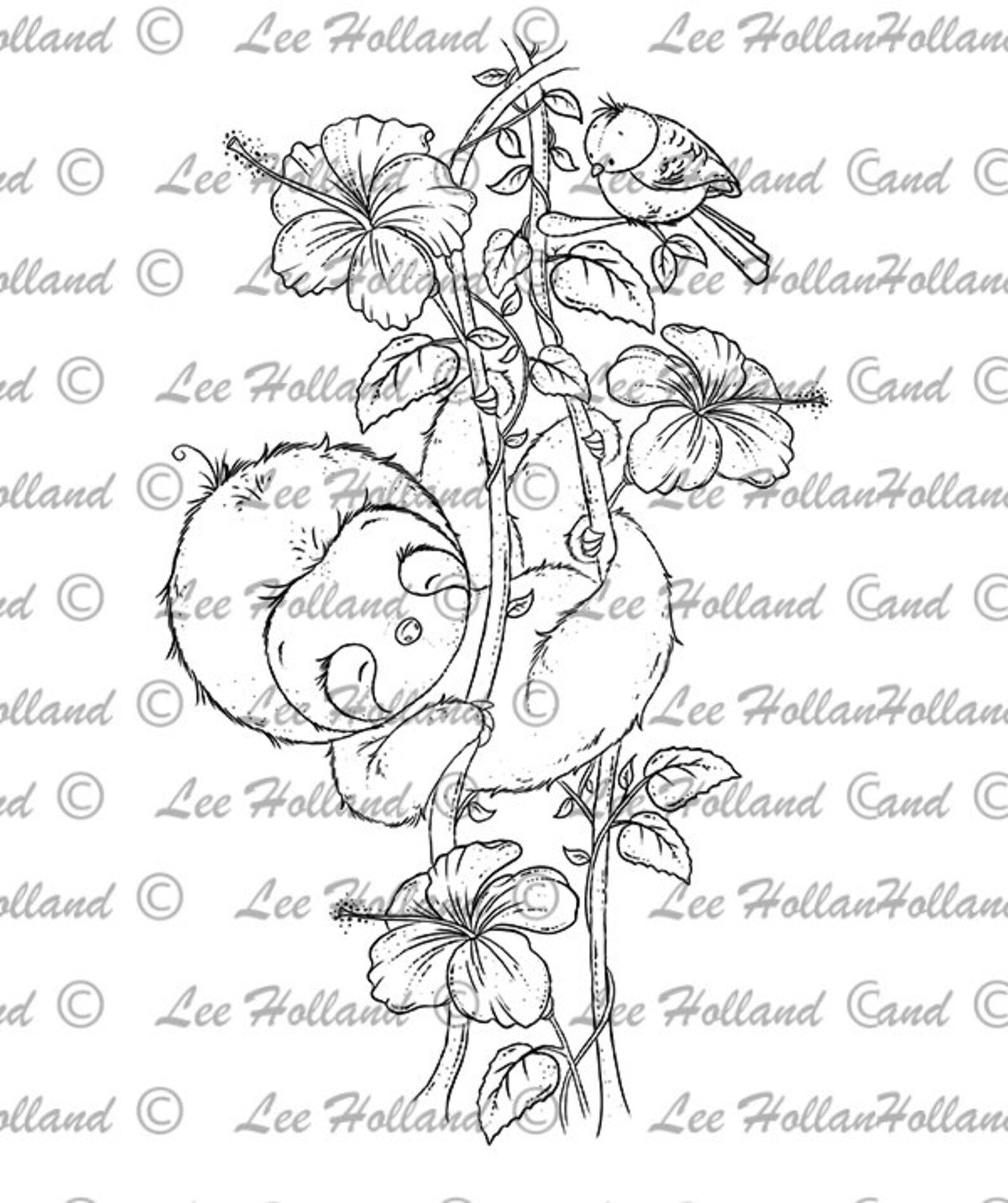 Sloth Hanging With Hibiscus Flowers Digital Stamp Card - Etsy