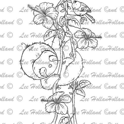 Sloth Hanging With Hibiscus Flowers Digital Stamp Card - Etsy