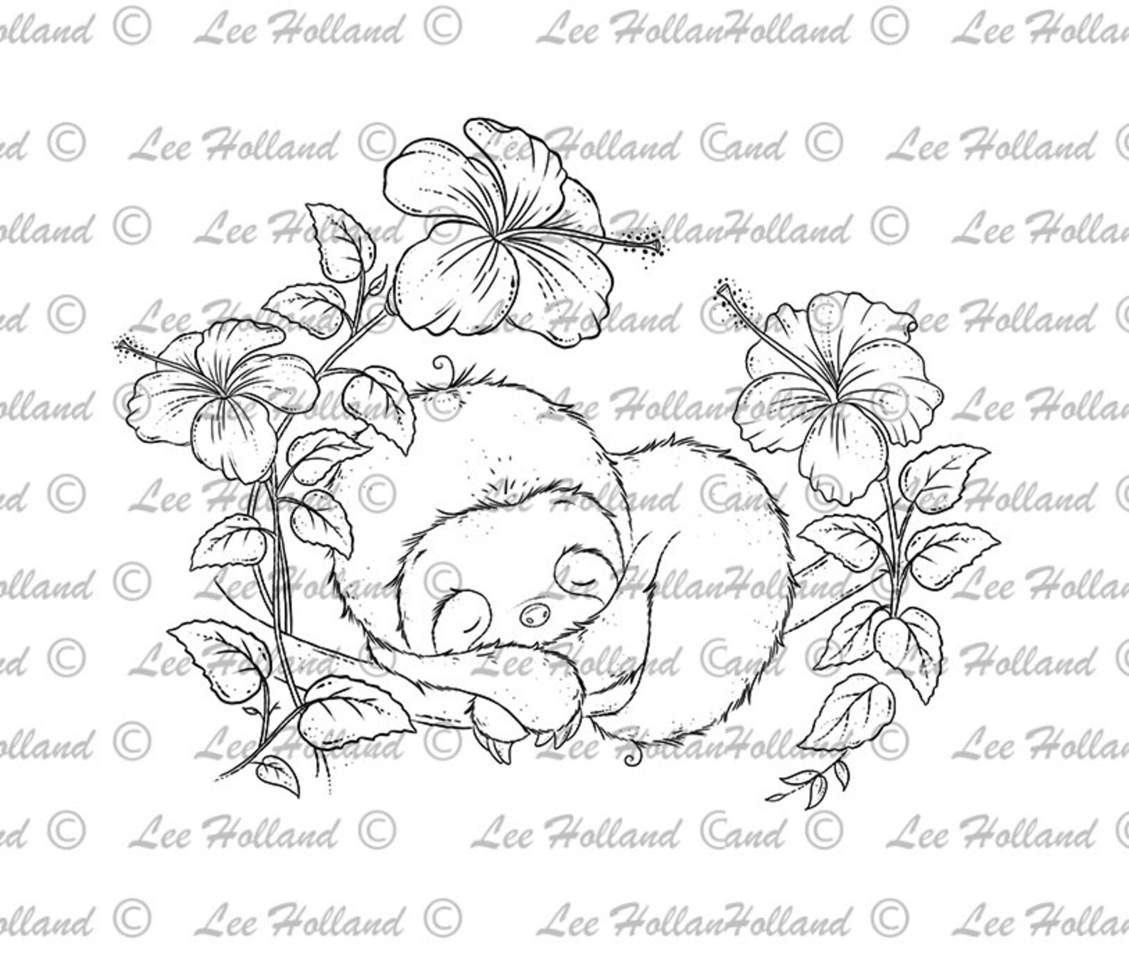Sloth Sleeping With Hibiscus Flowers Digital Stamp Card - Etsy