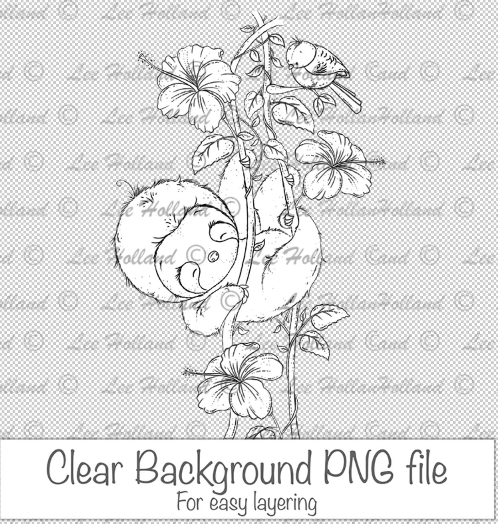 Sloth Hanging With Hibiscus Flowers Digital Stamp Card | Etsy