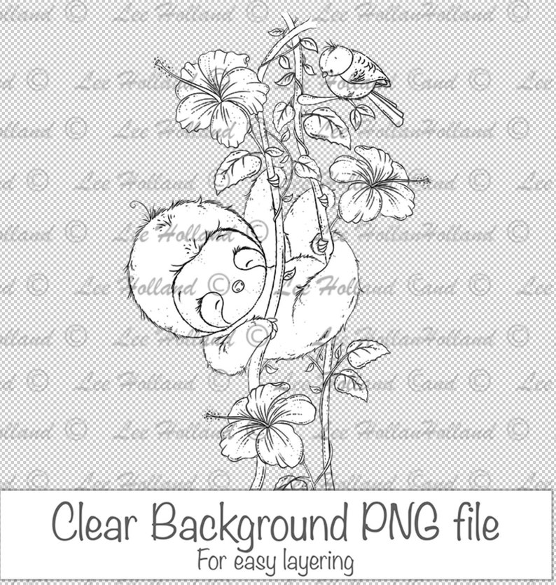 Sloth Hanging With Hibiscus Flowers Digital Stamp Card | Etsy