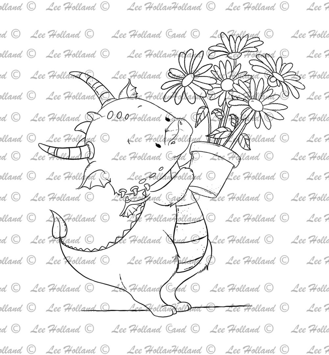 Dragon With Flowers,digital Stamp Card Making, Digi, Stamp - Etsy
