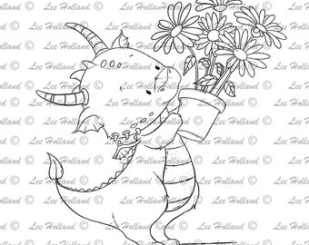 Dragon Walking With Balloon Digital Stamp Card Making Digi | Etsy