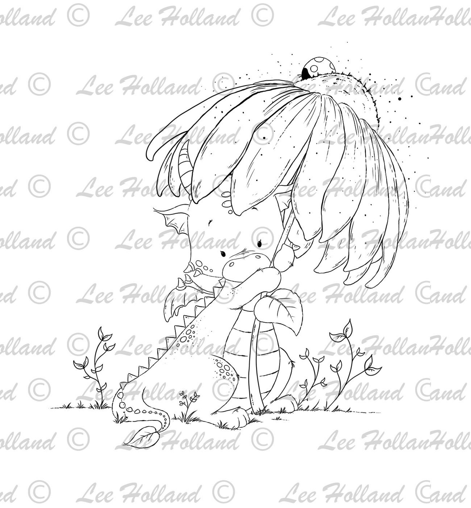 Digital Stamp Dragon With Flower Card Making Art Printable - Etsy