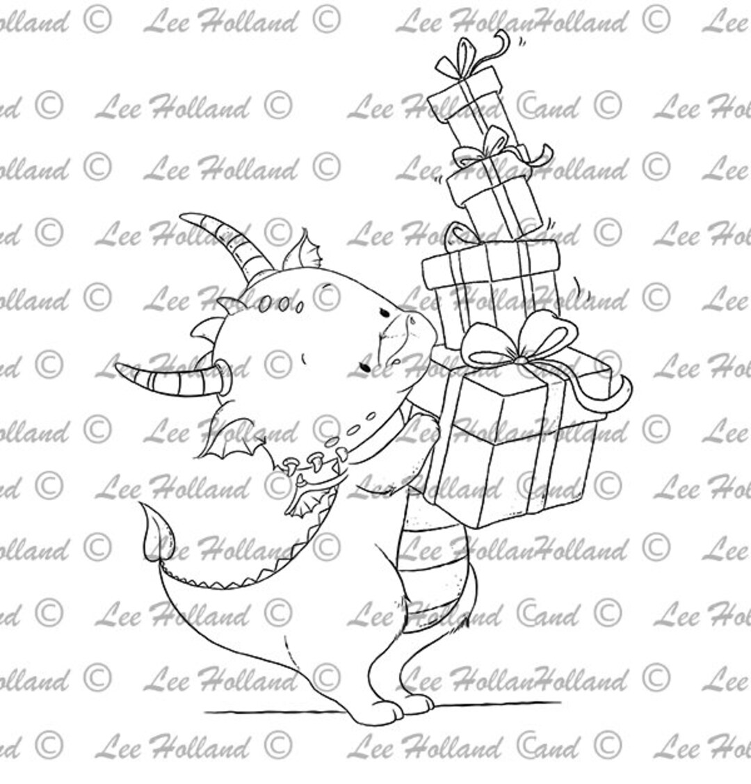 Digital Stamp, Dragon With Pile of Presents, Card Making, Digi Stamp ...