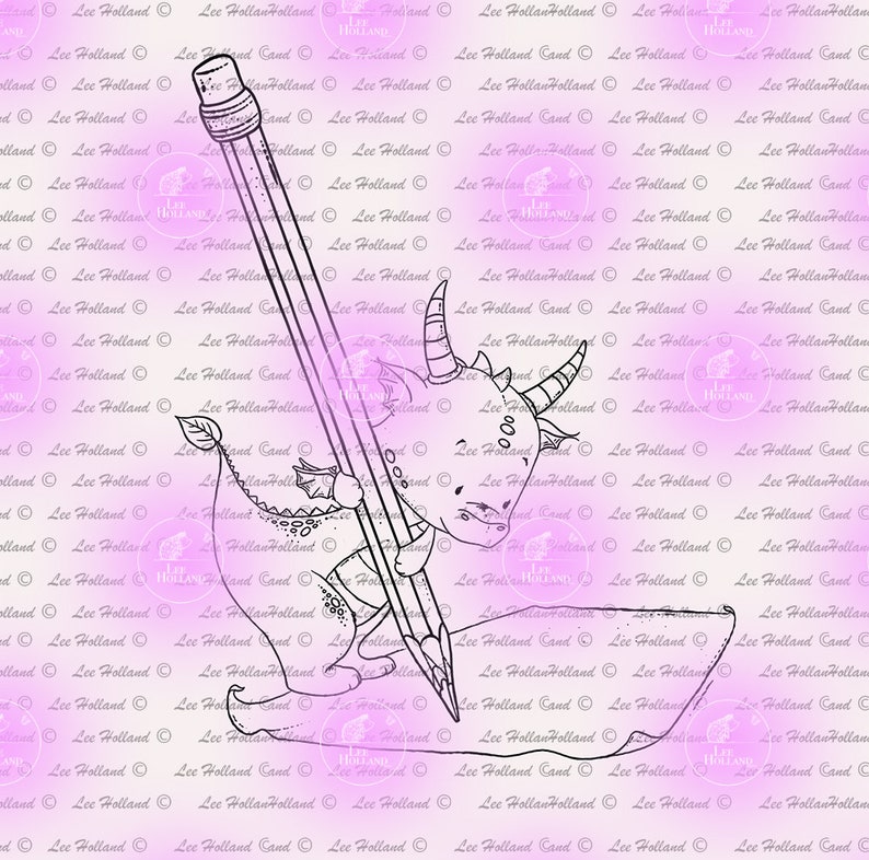 Dragon With Pencil and Paper, Digital Stamp Card Making, Digi, Stamp - Etsy