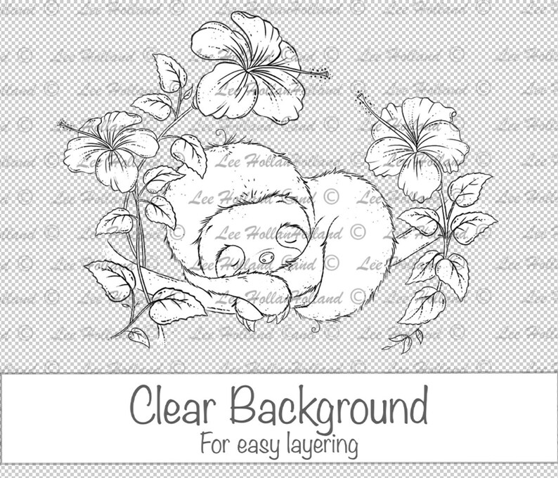 Sloth Sleeping With Hibiscus Flowers Digital Stamp Card - Etsy