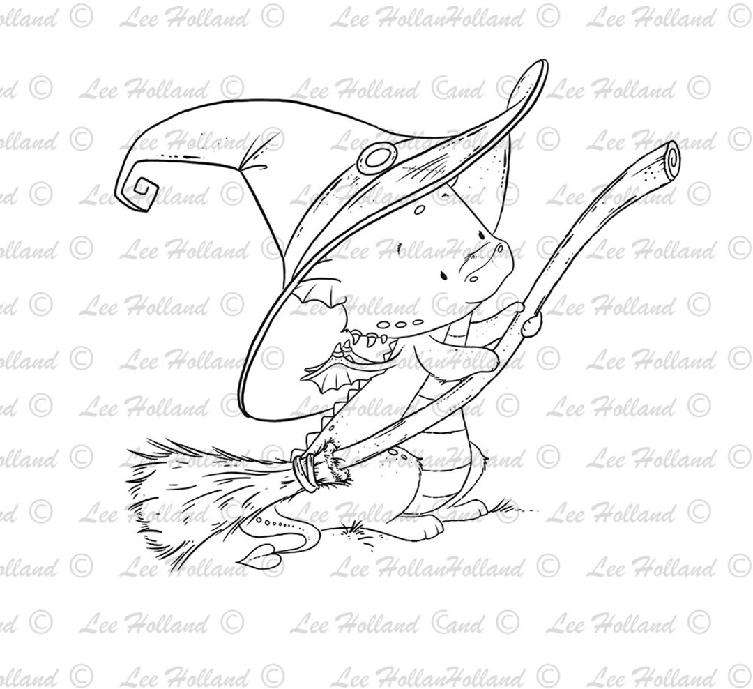 Dragon Holding Halloween Broom Stick, Digital Stamp Card Making, Digi ...