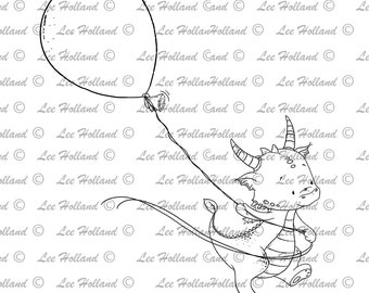 Dragon Walking With Balloon Digital Stamp Card Making Digi - Etsy