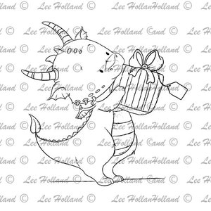 Digital Stamp, Dragon With Christmas Present, Card Making, Digi Stamp ...
