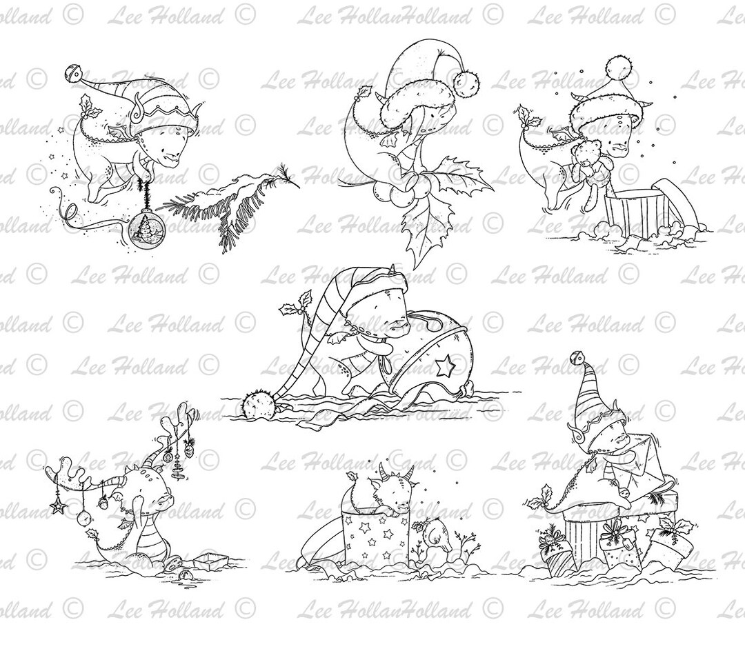 14 Digital Stamp Christmas Dragons Bundle, Card Making, Digital Stamp ...