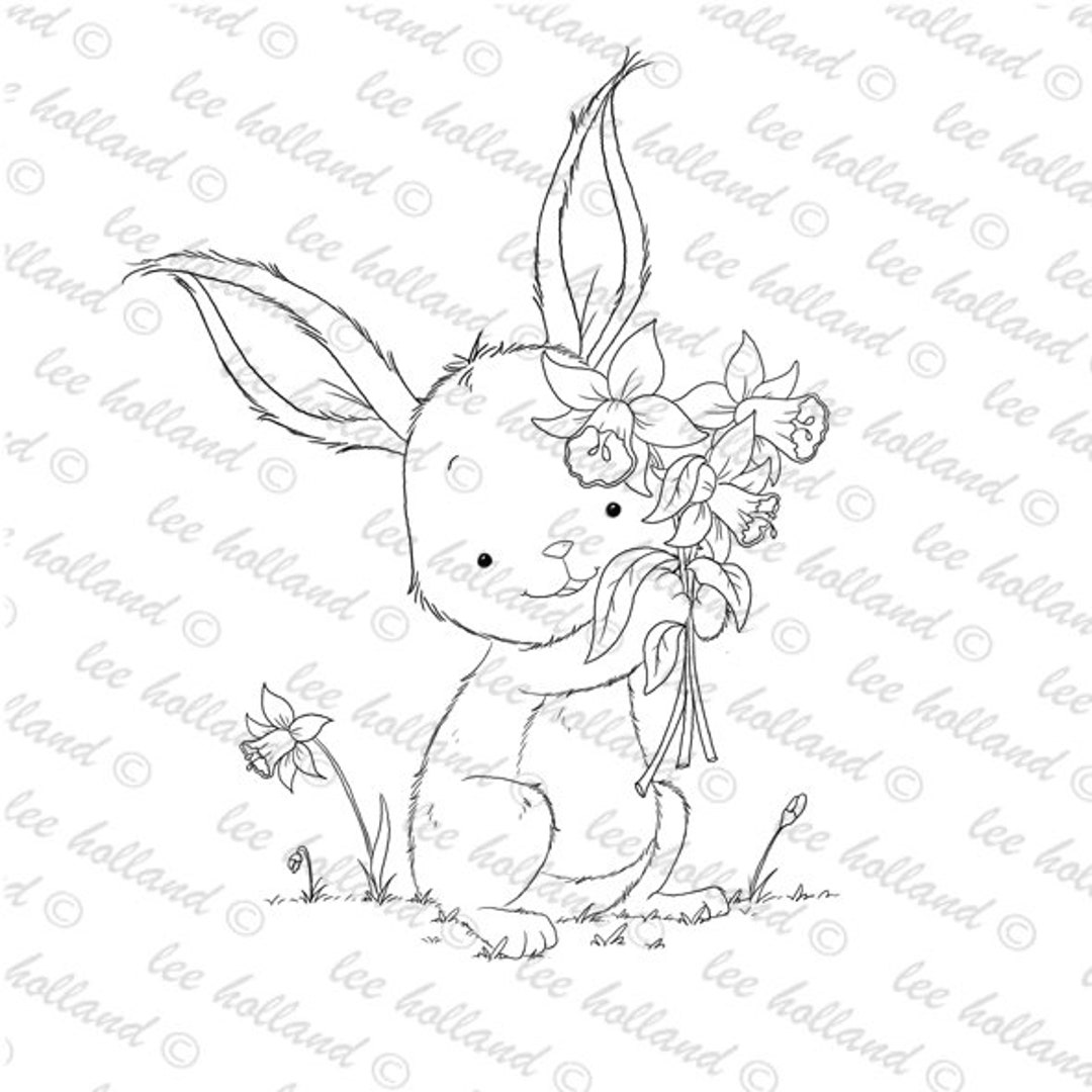Digital Stamps, Bunny With Daffodils, Card Making, Crafting - Etsy