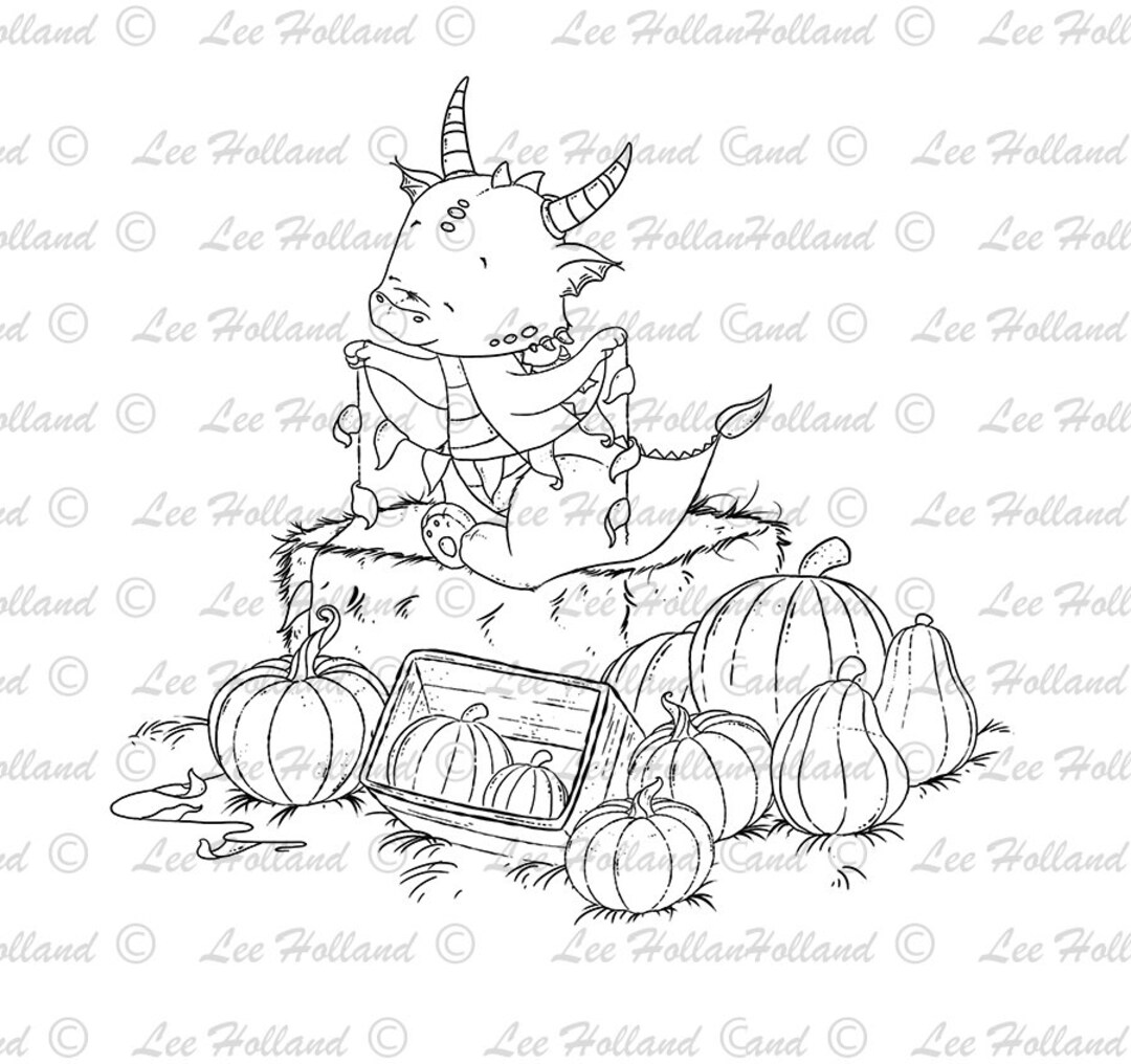 Dragon With Fall Decor, Digital Stamp Card Making, Digi, Stamp - Etsy