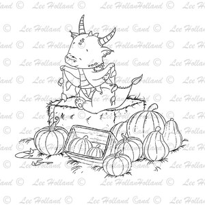 Dragon With Fall Decor, Digital Stamp Card Making, Digi, Stamp - Etsy