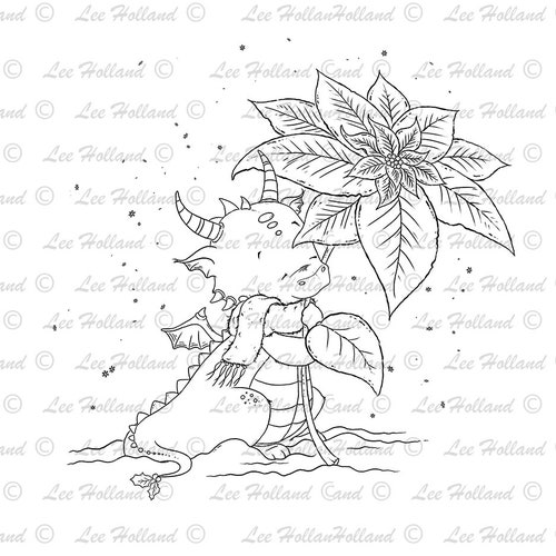 Digital Stamp Dragon With Christmas Poinsettia Card Making - Etsy