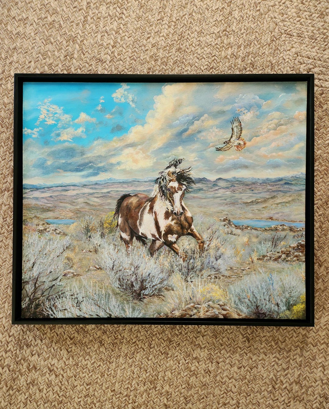 20"x24" Pinto Named Picasso Wild Horse & Hawk Acrylic Framed Painting ...