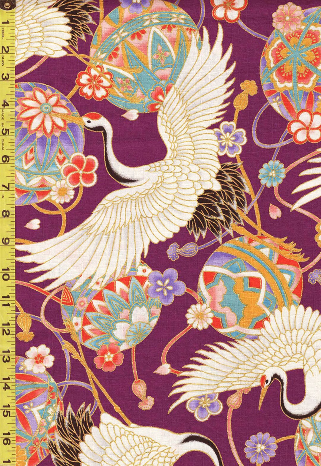 Japanese Cosmo Cranes & Temari Balls Dobby Weave AP12806-2B Purple by ...